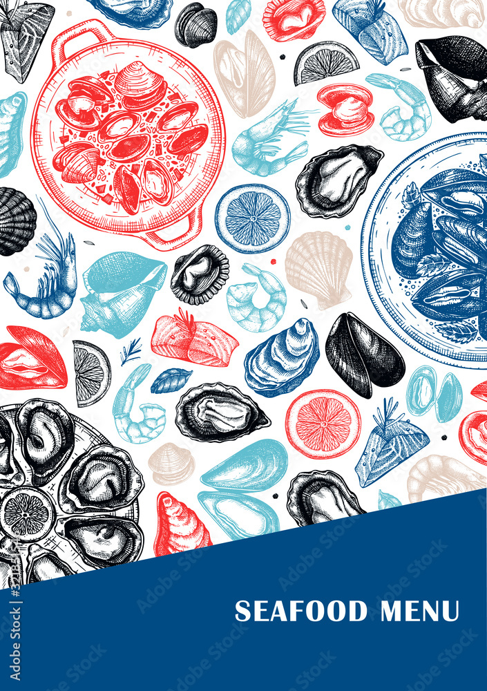 Vector seafood A5 flyer design. Hand drawn fish, shellfish, shrimps ...