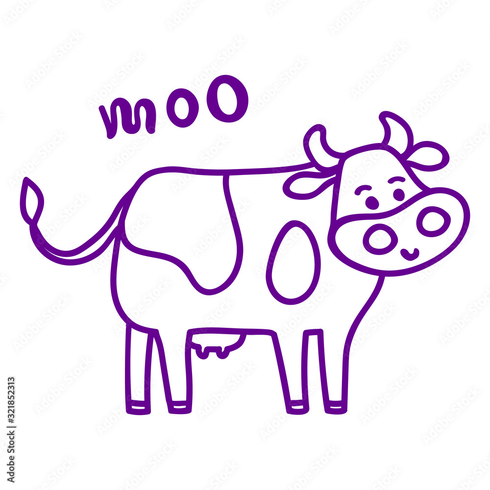 Vector illustration, line cartoon standing spotted violet cow. Hand ...