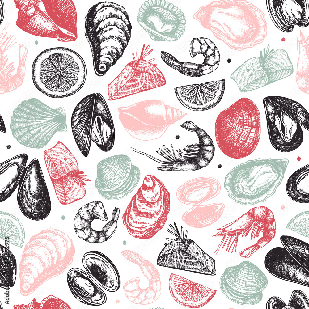 Vector seafood seamless pattern. Hand drawn fish, shellfish, shrimps ...