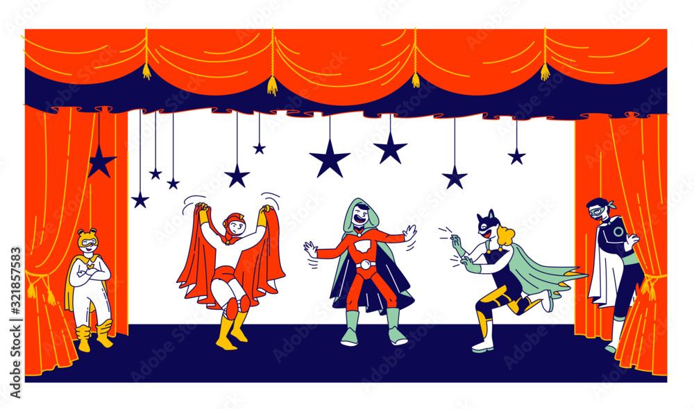 Children Actors in Super Hero Costumes Performing Fairy-Tale on Stage ...
