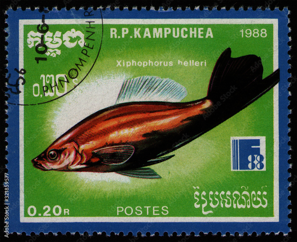 CAMBODIA - CIRCA 1988: post stamp 0.2 Cambodian riel printed by Kingdom ...