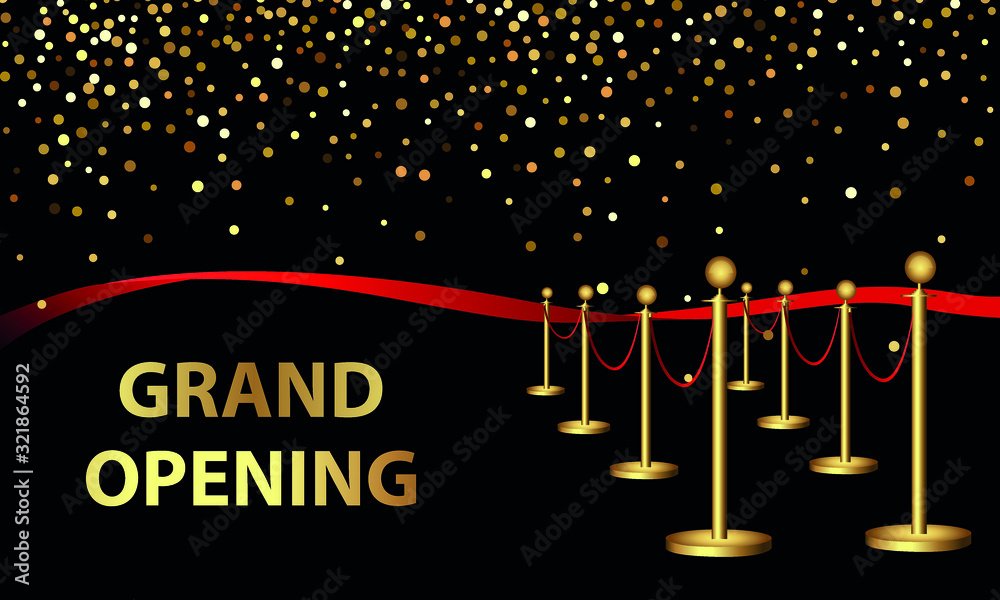 Grand opening. Golden confetti and red silk ribbon on a black ...