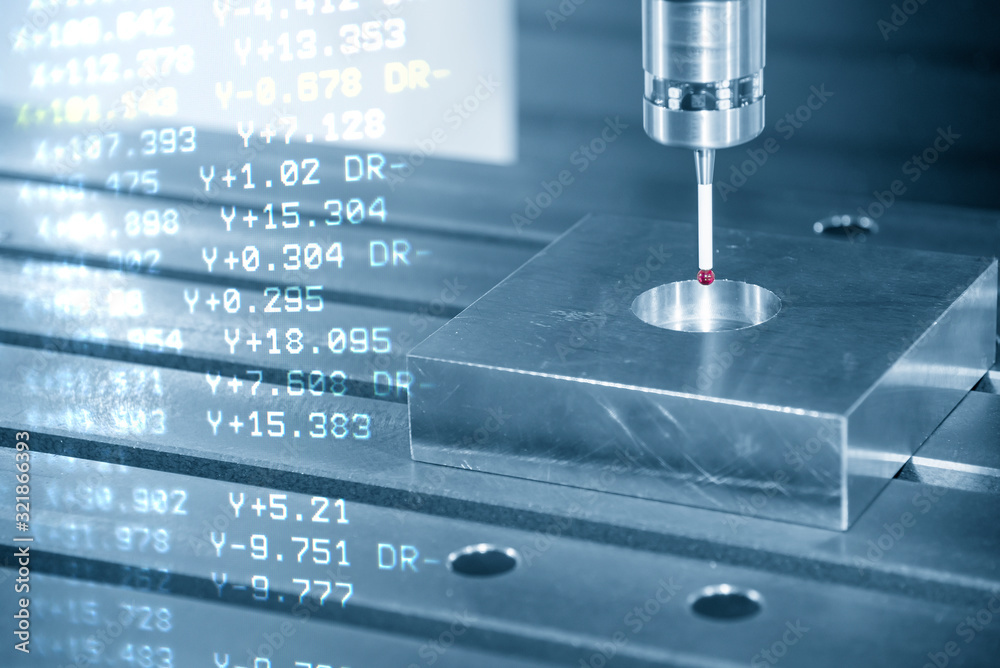 The abstract scene of CMM machine and G-code data, measuring dimension ...