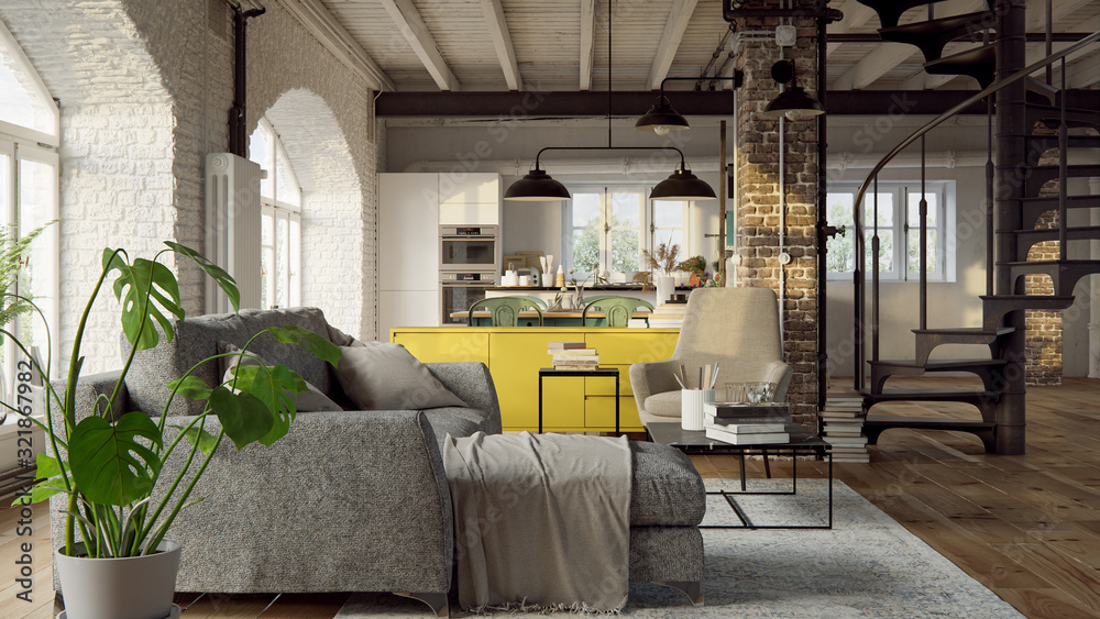 luxury vintage industrial loft apartment interior Stock Illustration ...