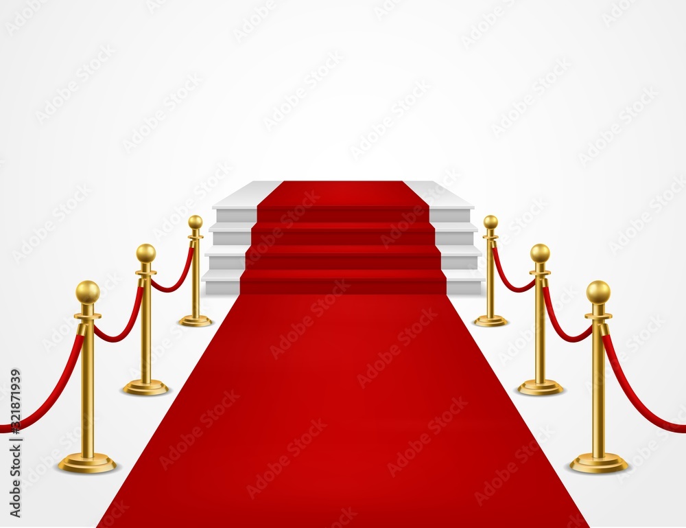 Red carpet. Grand opening, golden metal barriers and red carpet with ...