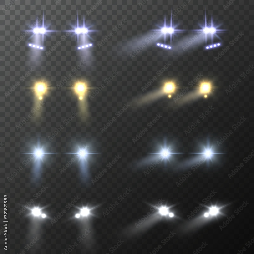 Car headlights. Realistic round bright cars headlight, light flares and ...