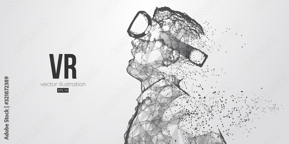 VR headset holographic low poly wireframe vector banner. Polygonal man ...