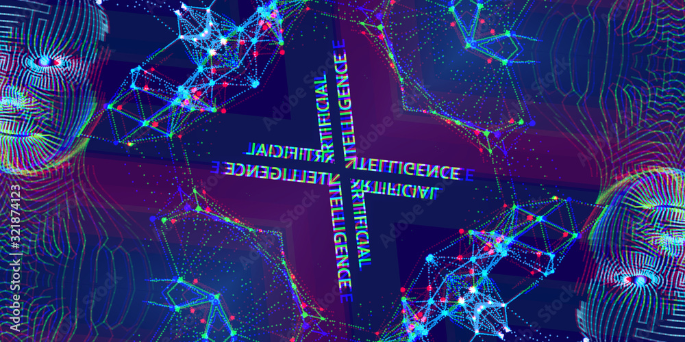 Technology glitch color background with grid face . Futuristic ...