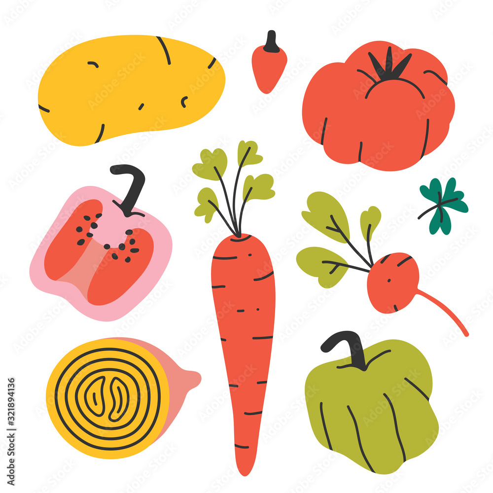 Vegetables collection, isolated hand drawn veggies, farming and ...