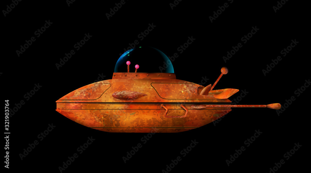 Cartoon 3d old ufo. Rusty spaceship isolated on white background ...
