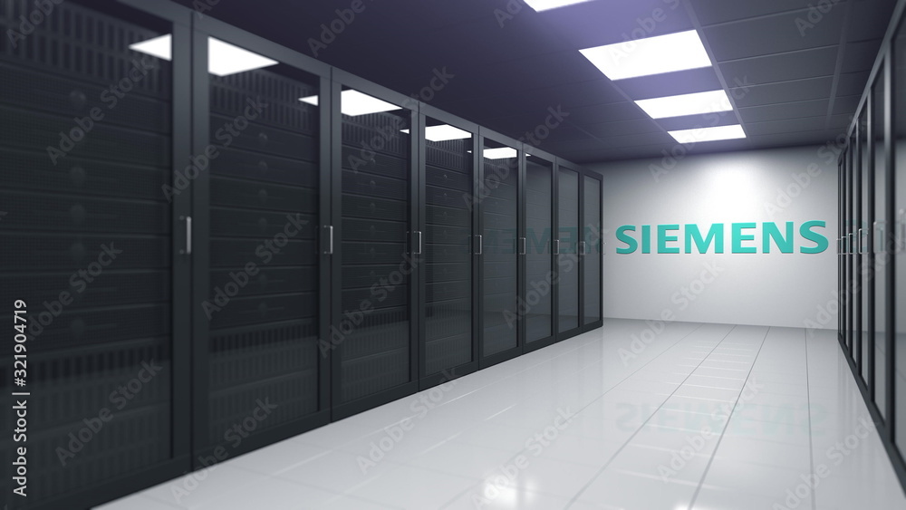 Logo of SIEMENS on the wall of a server room, editorial 3D rendering ...
