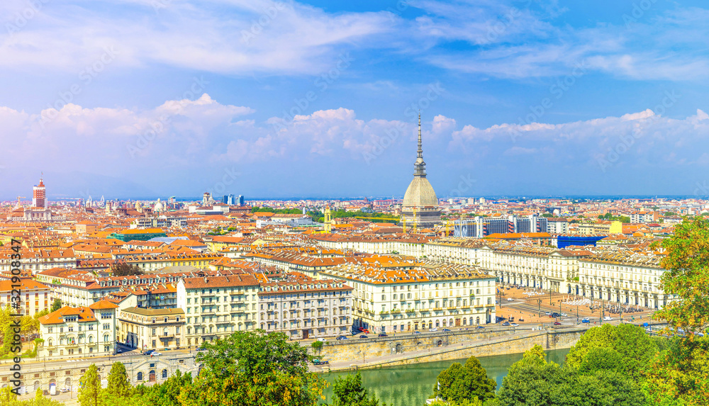 Aerial top panoramic view of Turin city center skyline with Piazza ...