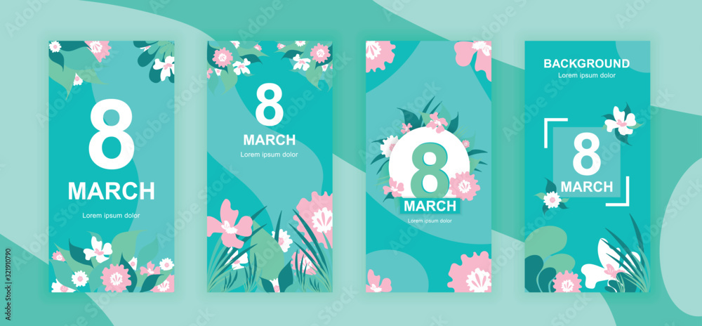 8 March social media stories design templates vector set, backgrounds ...