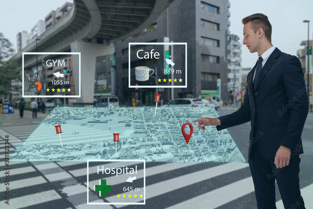 man use augmented mixed reality technology concept, its generate maps ...