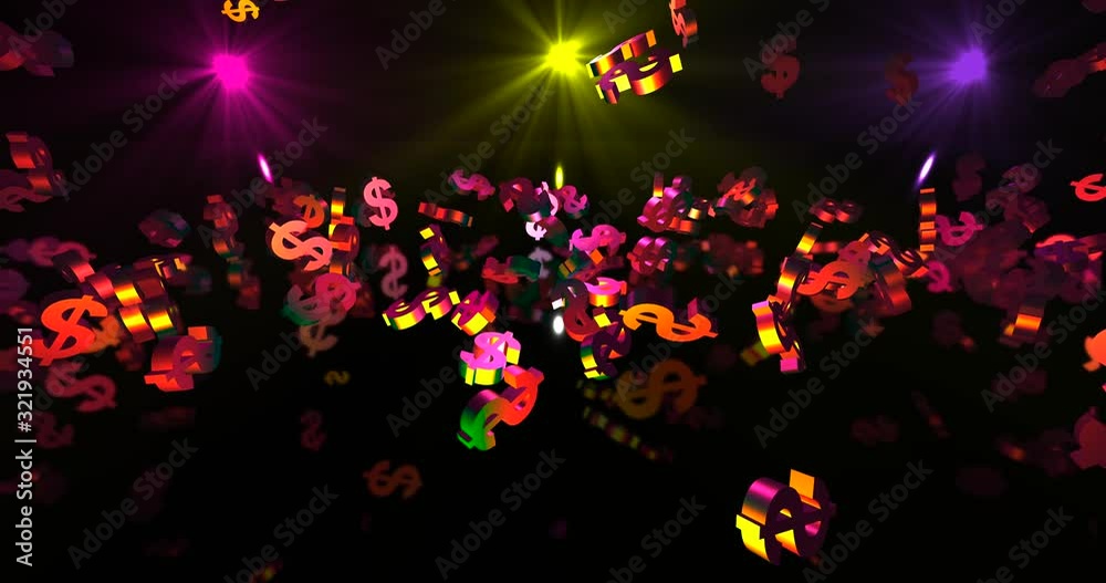 Golden 3d dollar symbols falling in neon lights falling. Finance event ...