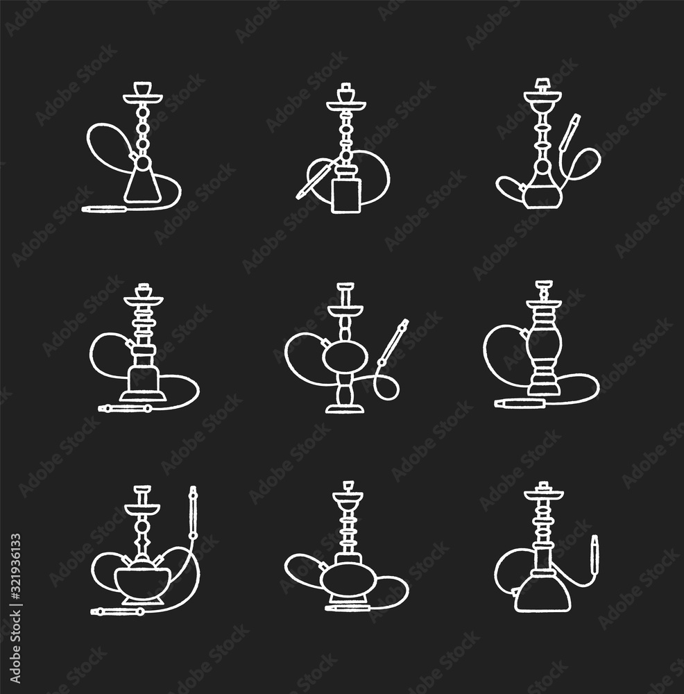 Hookah chalk white icons set on black background. Shisha with wire ...