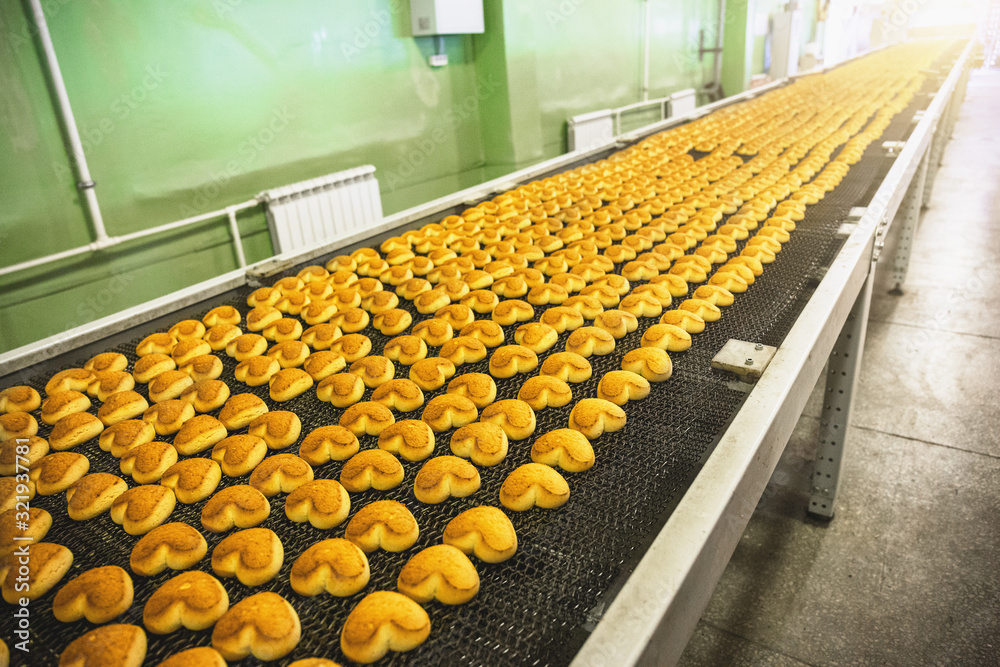 Industrial food production process. Factory or bakery conveyor belt ...