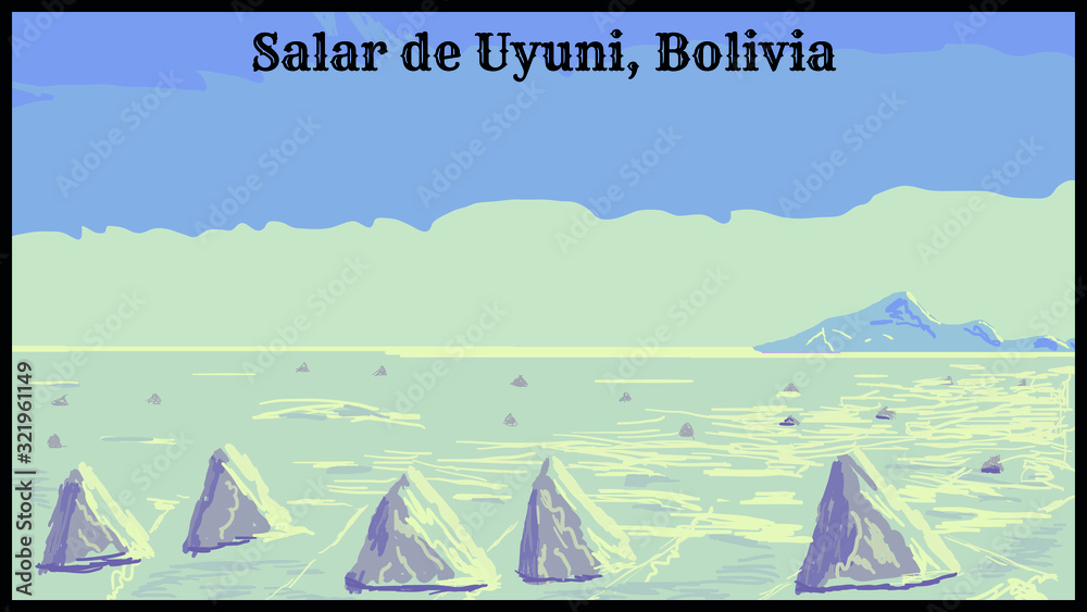 Bolivia, Salar de Uyuni. Retro poster, vector art illustration. Top ...