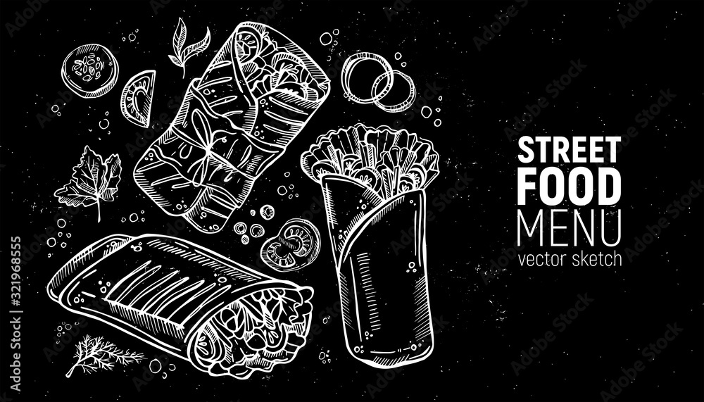 Set of street food. sandwich, fast food, burrito, shawarma, gyros, pita ...