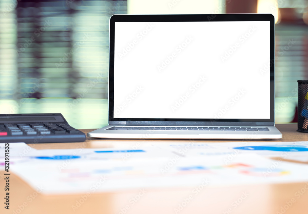 mockup laptop computer screen with business chart market,caculator on ...