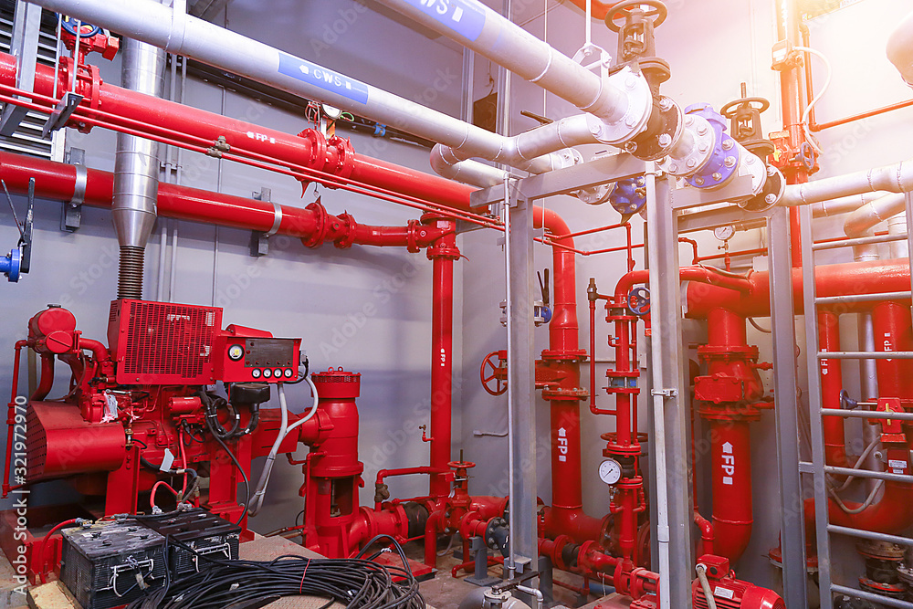 diesel generator for fire control system red piping and valve. Stock ...