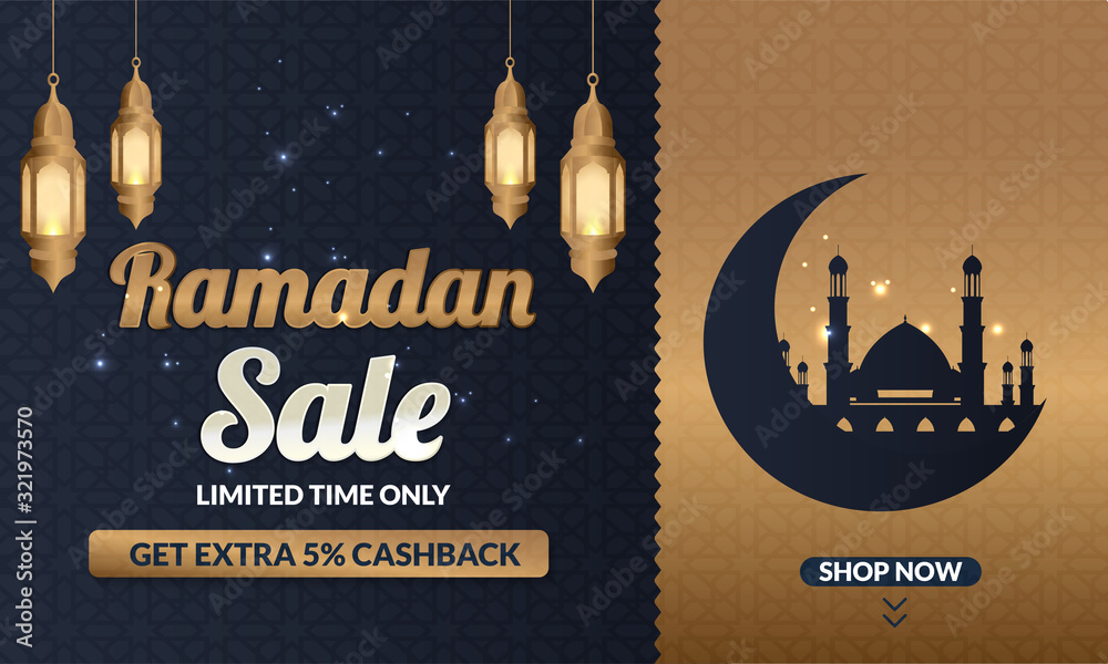 Ramadan Kareem sale offer banner design with ornament lantern moon ...