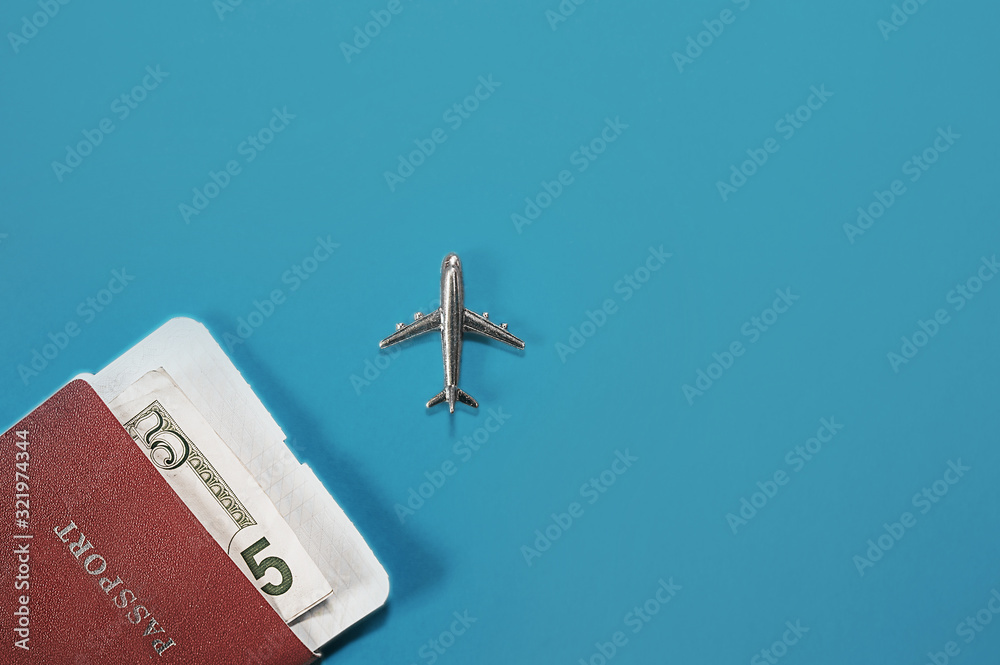 Ready-made layout for tourism and travel by plane. Passport and cash in ...