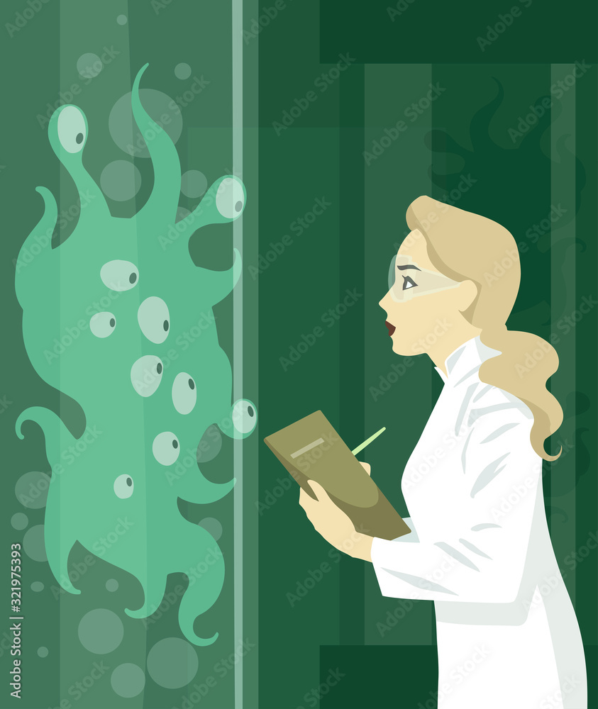 Original conceptual illustration of a female scientist examining a ...