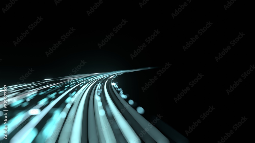 3D Rendering of curved blue light path trail with bokeh blur effect ...