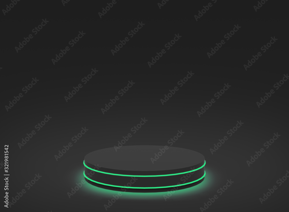 3d green neon light with black cylinder podium minimal studio dark ...