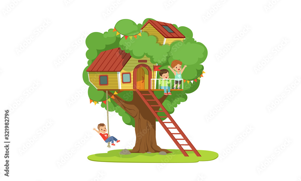 Tree House for Kids, Boys Playing and Having Fun in Treehouse, Kids ...