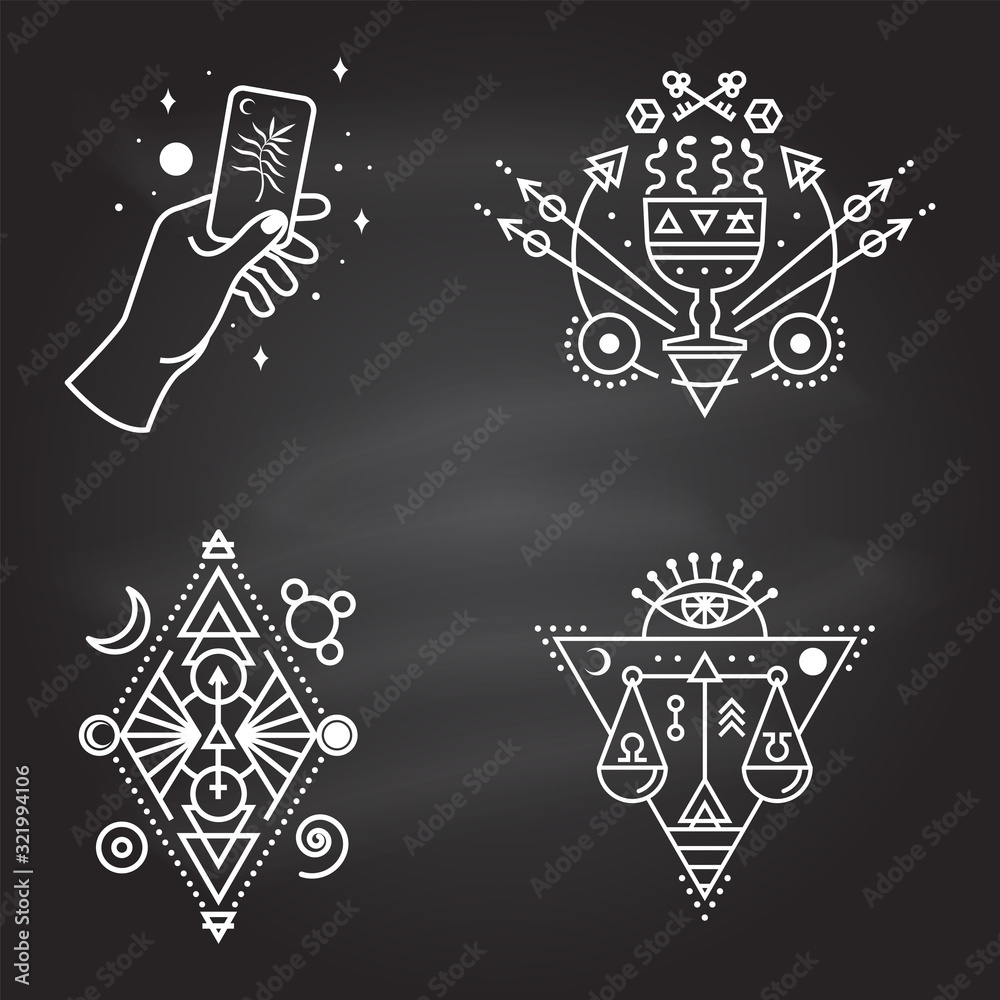 Esoteric symbols. Vector. Thin line geometric badge. Outline icon for ...