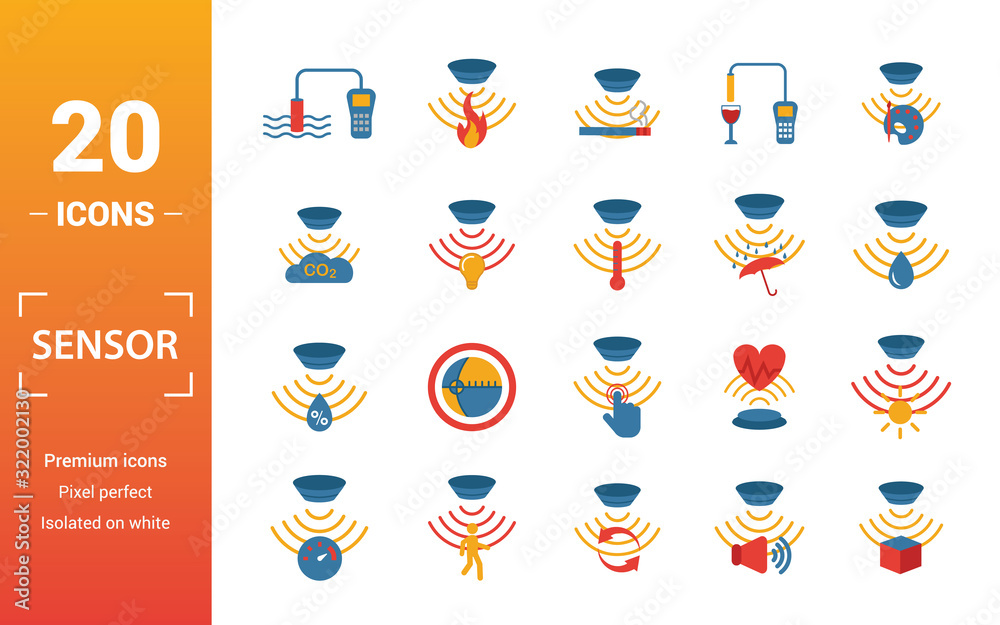 Sensor icon set. Include creative elements water quality sensor, smoke ...