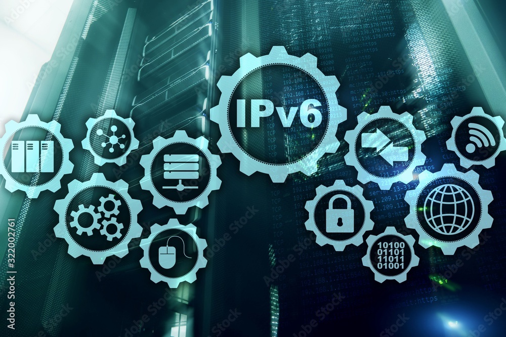 IPv6 Internet Protocol on server room background. Business Technology ...