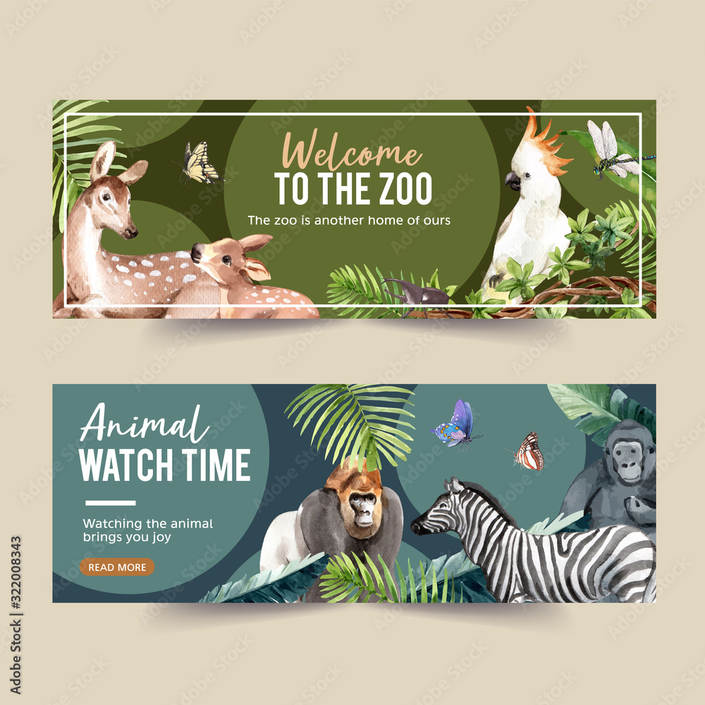 Zoo banner design with gorilla, zebra, butterfly watercolor ...