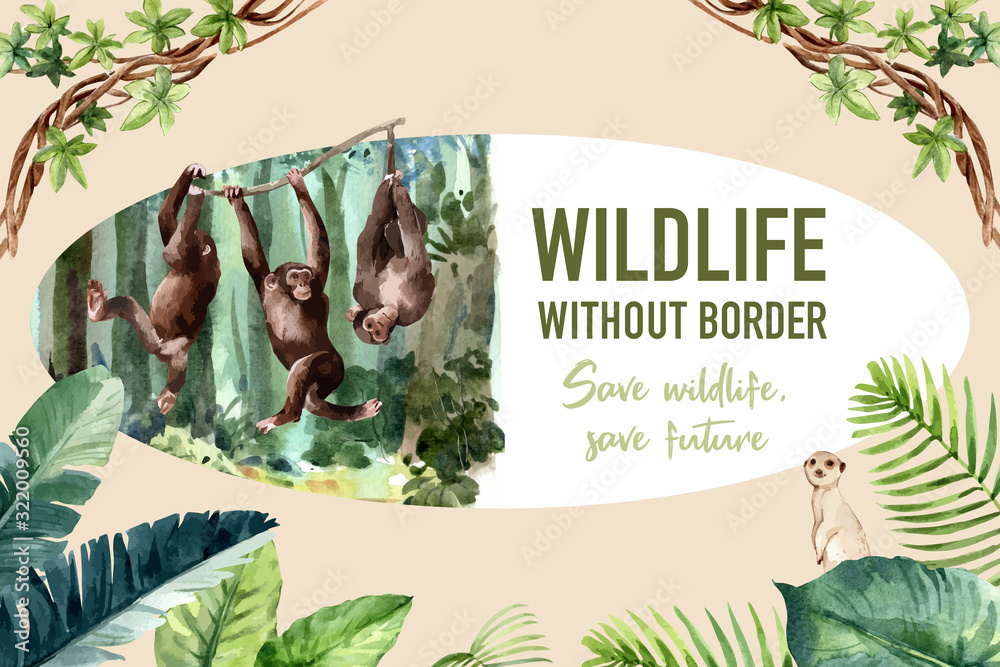 Zoo frame design with monkey, meerkat watercolor illustration. Stock ...