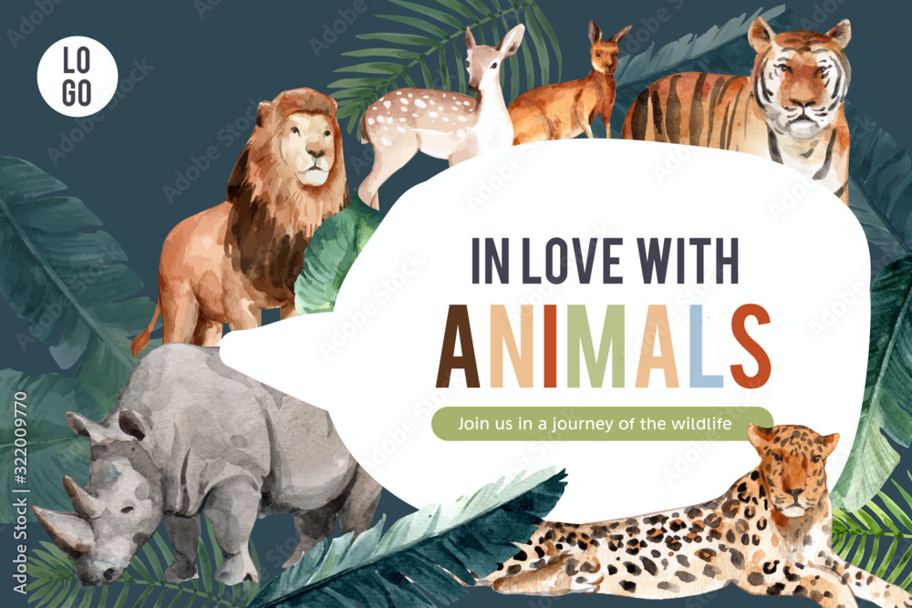 Zoo frame design with tiger, kangaroo, rhino watercolor illustration ...