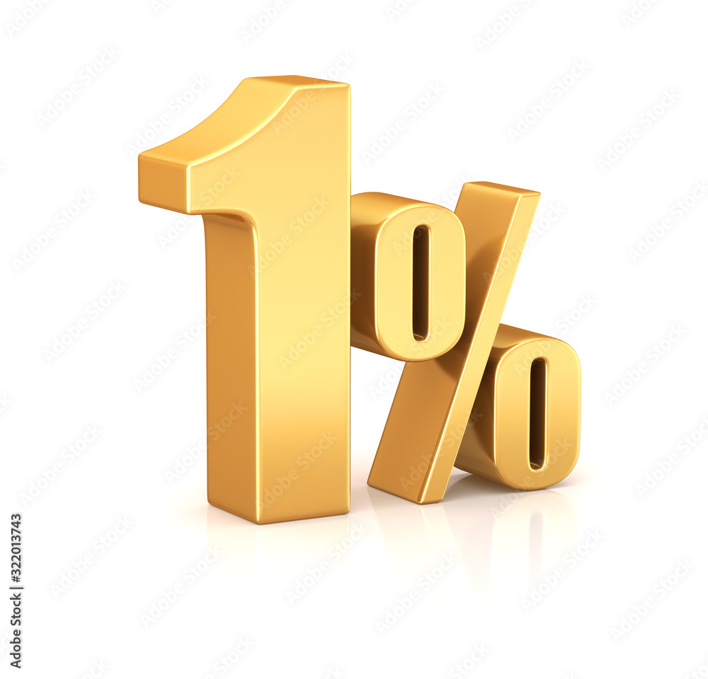 3d render illustration. Golden one percent on a white background ...