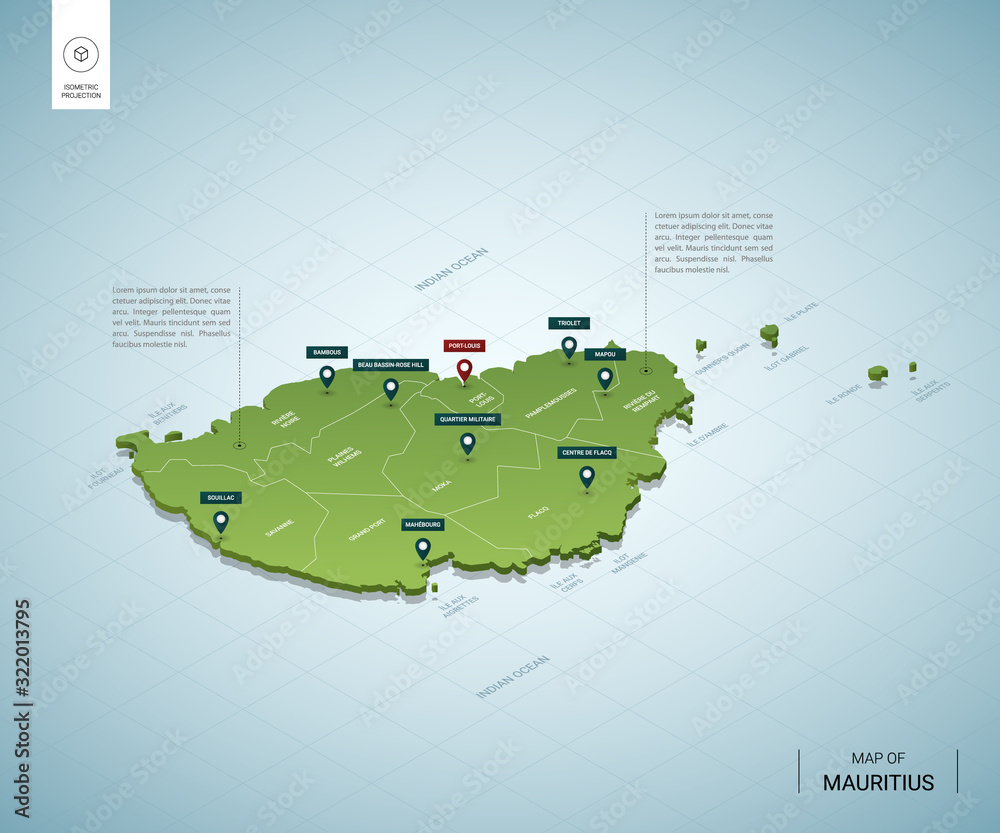 Stylized map of Mauritius. Isometric 3D green map with cities, borders ...
