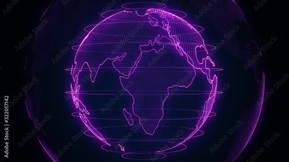 Big data 3D Planet Earth animation. Rotating globe, shining continents ...