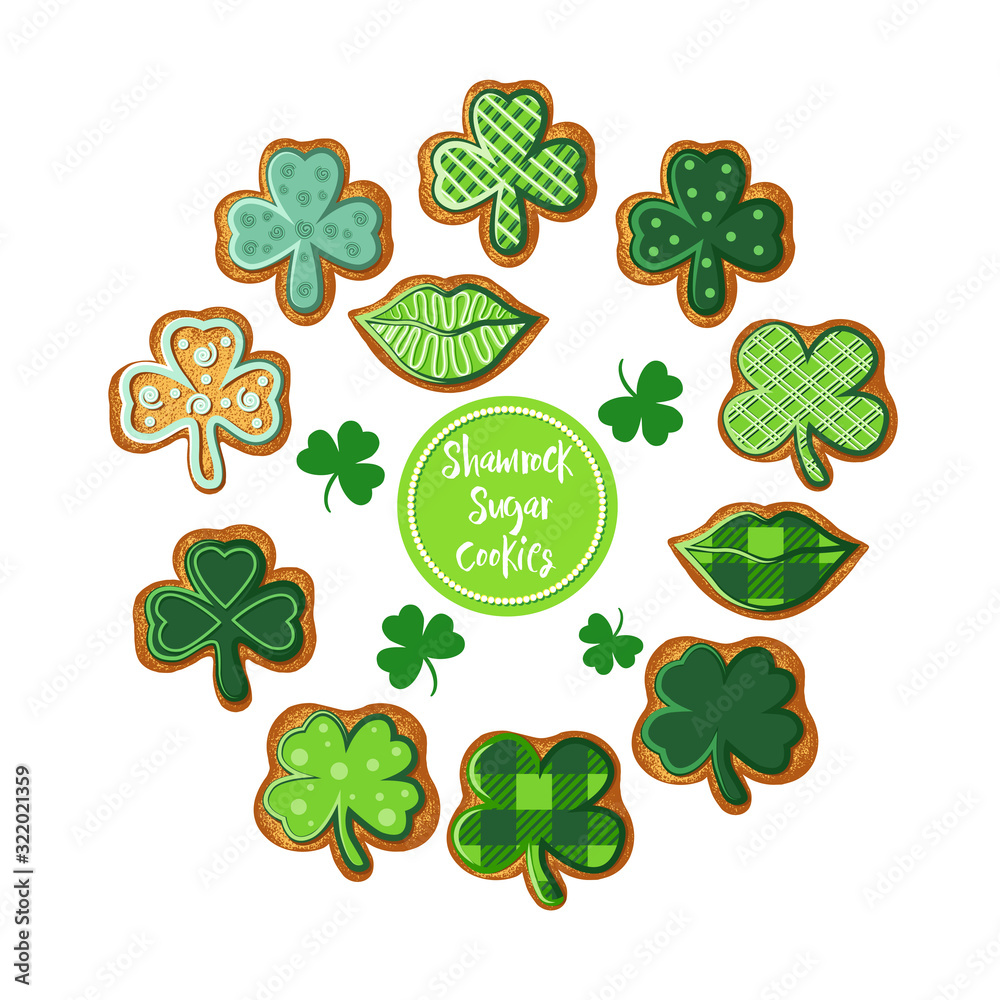 .Shamrock St. Patricks Day Sugar Cookies.Isolated vector objects on a ...