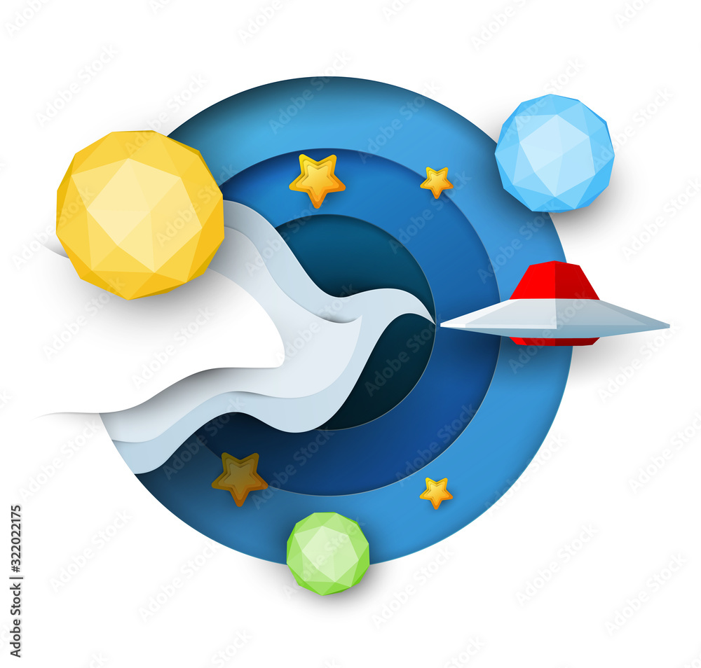 Red ufo spaceship fly in space with star and planet. Science concept ...