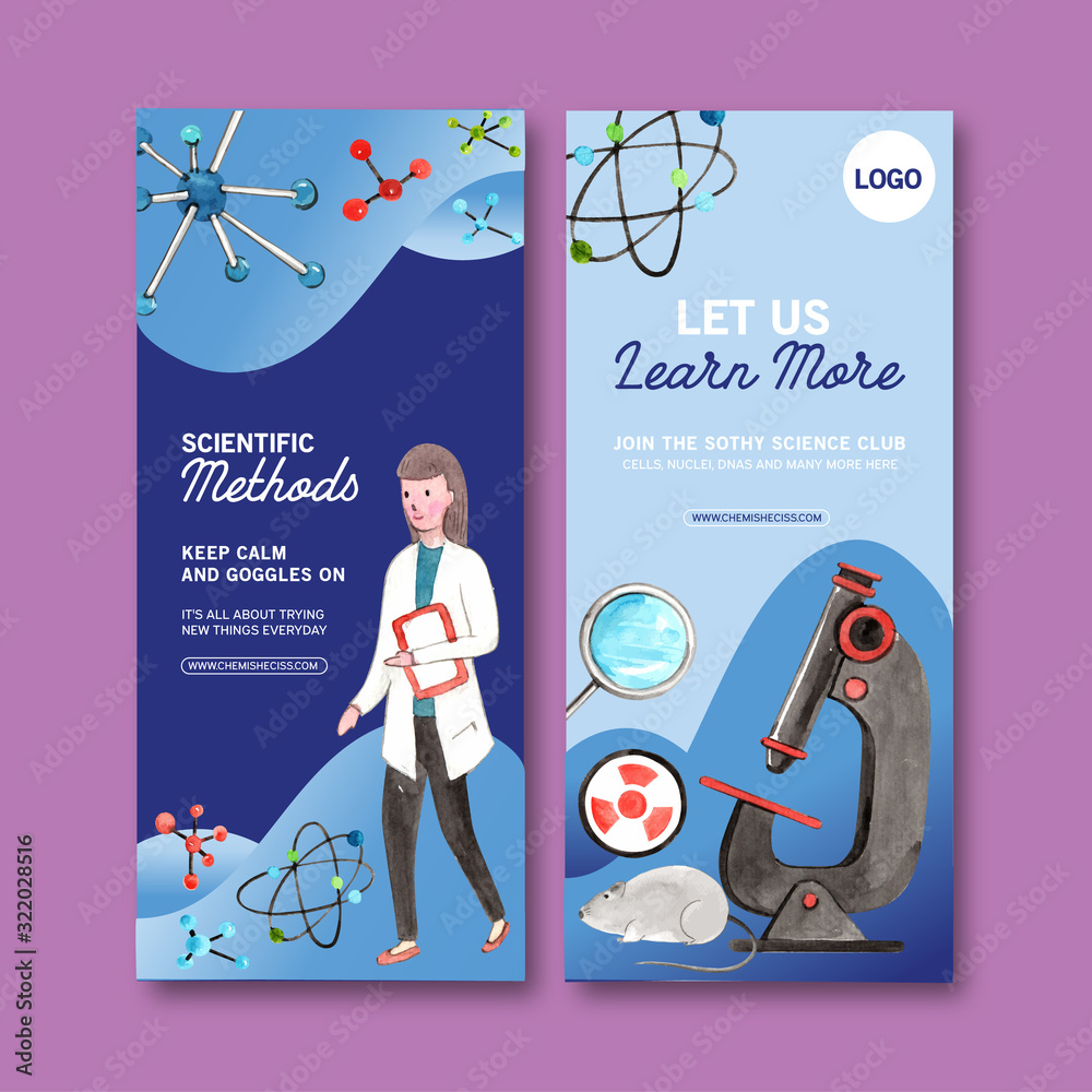 Science flyer design with microscope, magnifying glass, woman ...