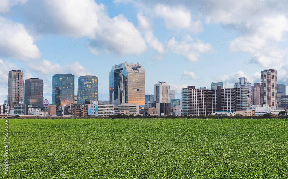 Foto de Modern buildings with green grass in parks in the city. Modern ...