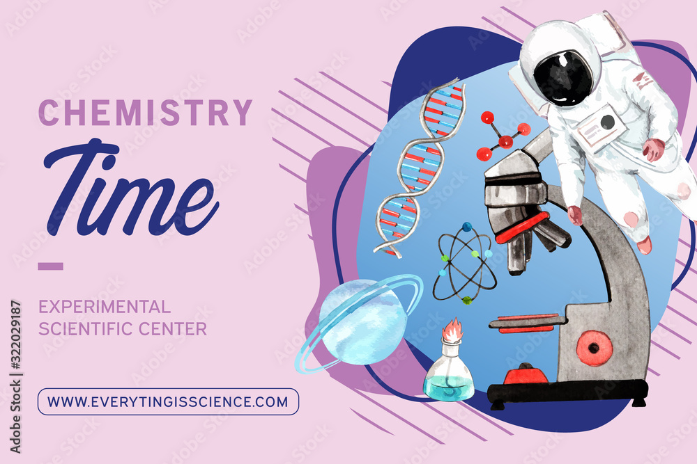 Science frame design with astronaut, microscope watercolor illustration ...