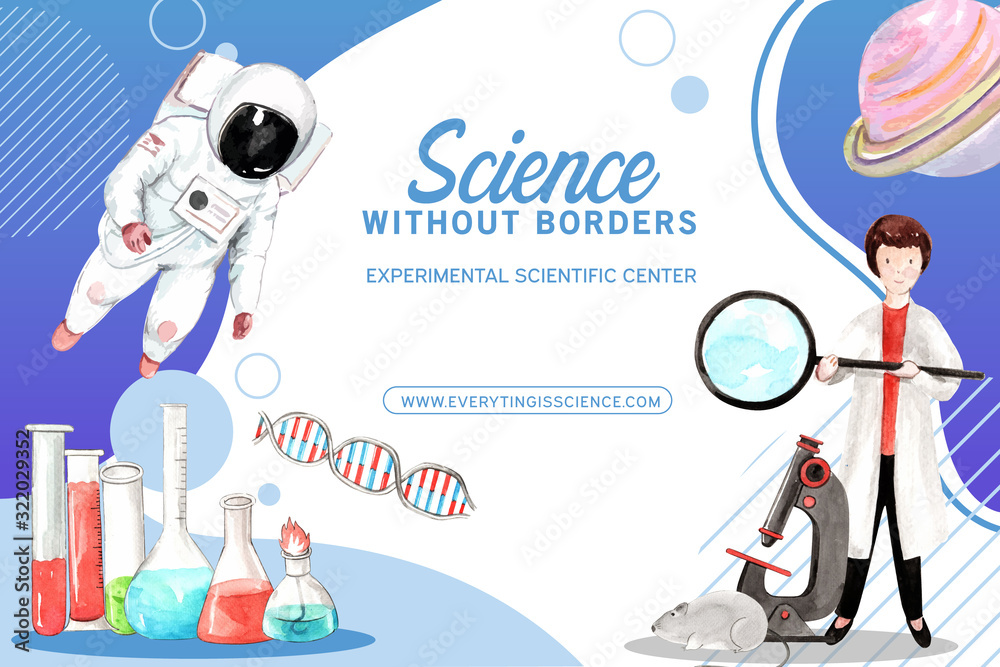 Science frame design with test tube, man, magnifying glass watercolor ...
