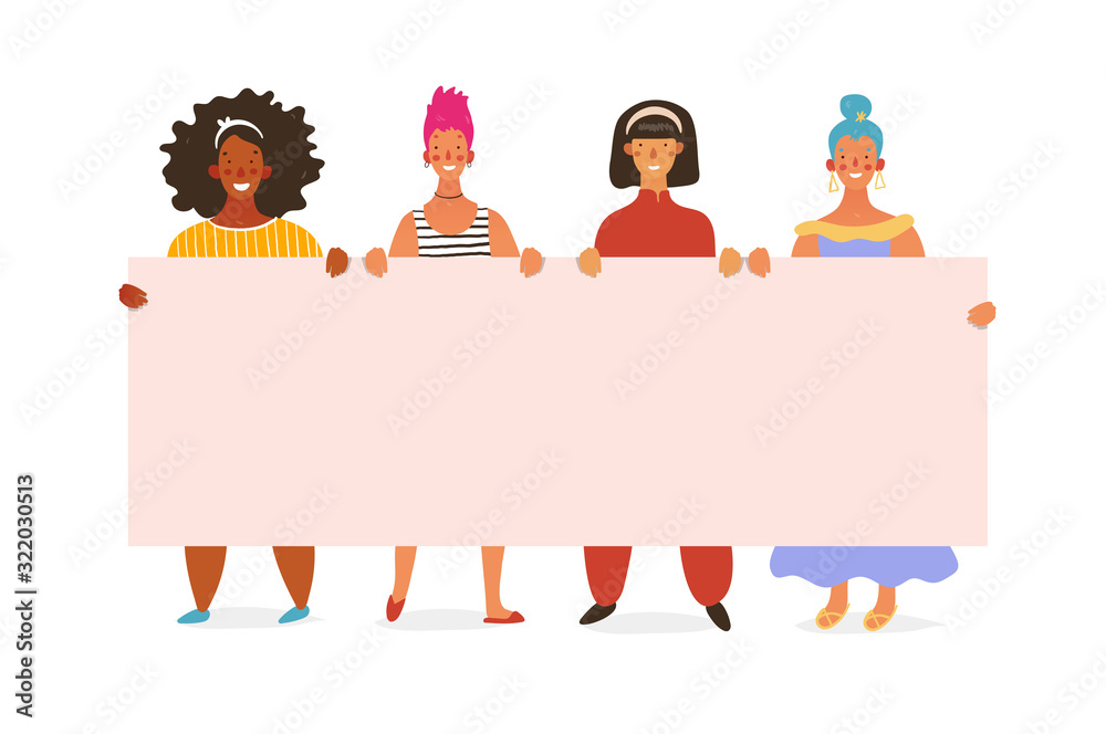 Group of girls, young standing women holding a blank poster with place ...