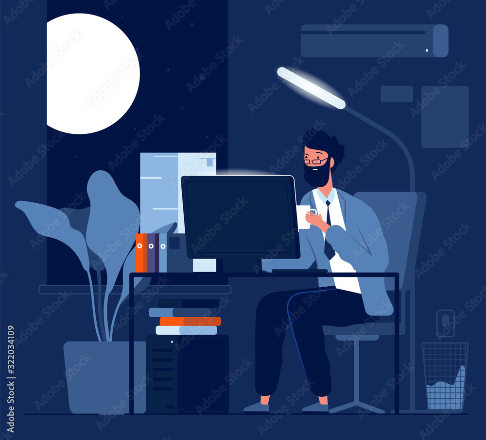 Person late work. Business character night working in office sitting ...