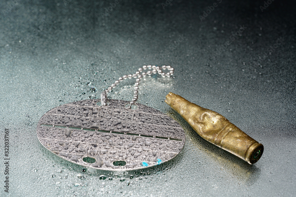 Dog tag with water drops and empty practice ammunition pods ...