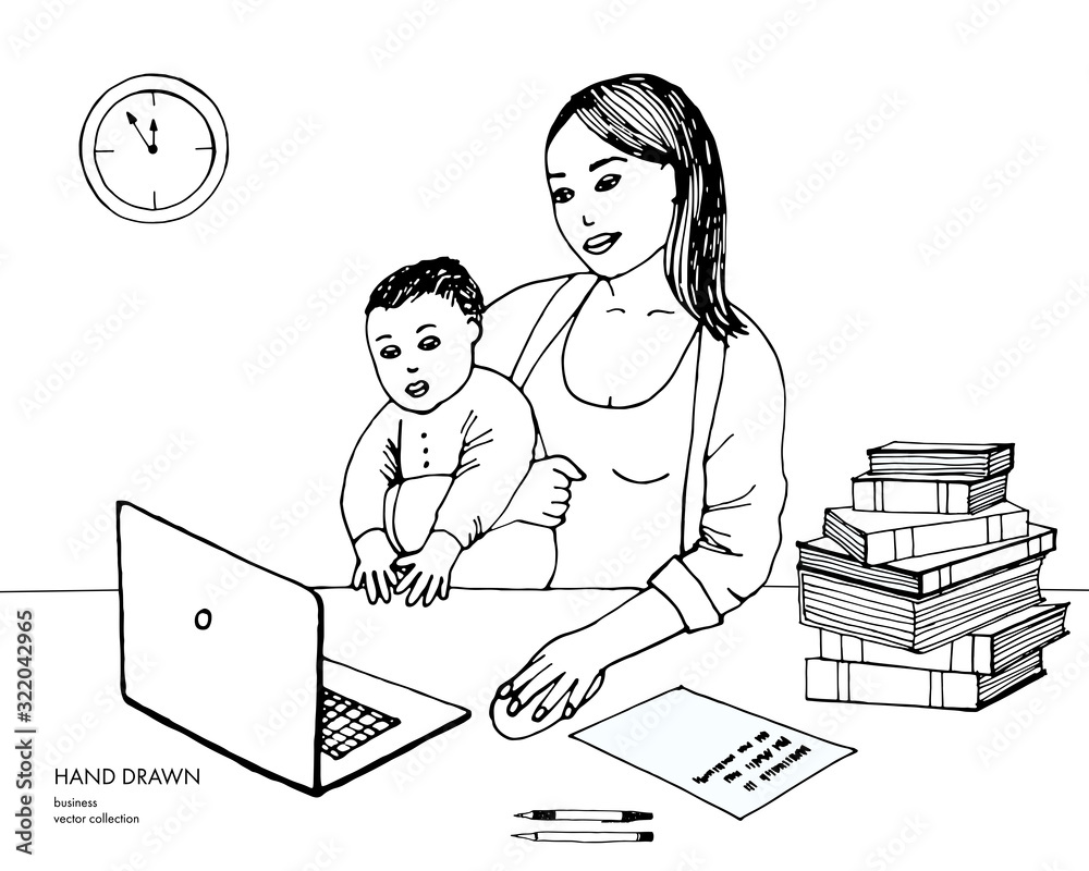 Hand drawn sketch of young mom working on laptop holding her baby boy ...